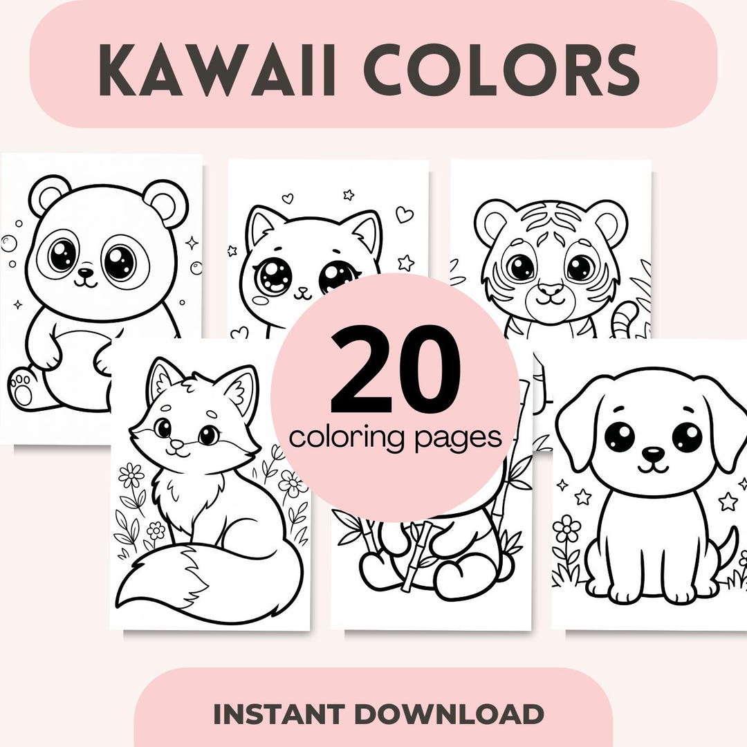 Kawaii Animal Coloring Pages Printable Bundle, 20 Cute Animals Coloring ...