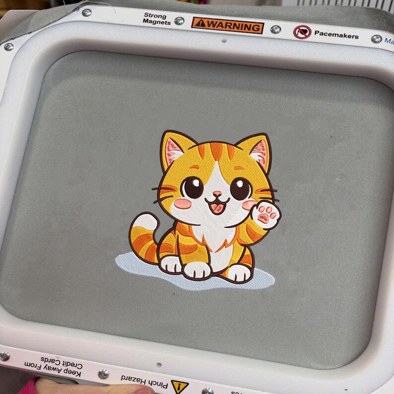 Cartoon Tabby Cat Embroidery Design, Waving Kitten, Kawaii Animal ...