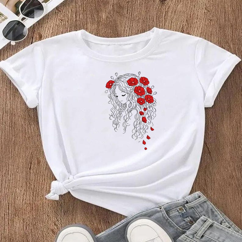Floral Girl Line Art Embroidery Design, Poppy Hair Woman Portrait ...