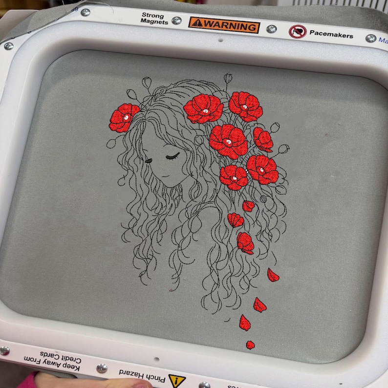 Floral Girl Line Art Embroidery Design, Poppy Hair Woman Portrait ...