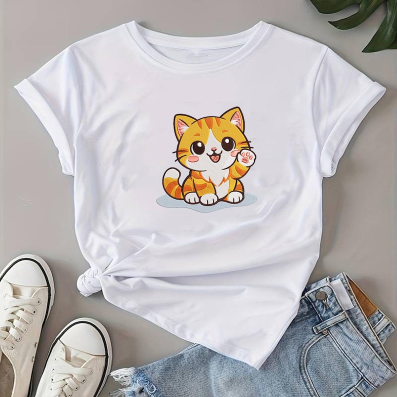 Cartoon Tabby Cat Embroidery Design, Waving Kitten, Kawaii Animal ...