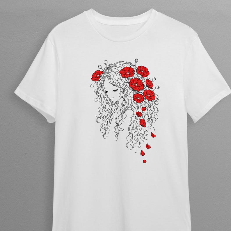 Floral Girl Line Art Embroidery Design, Poppy Hair Woman Portrait ...