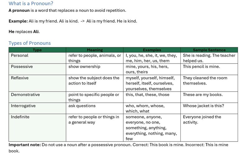 Pronouns and Their Types Worksheet | Grammar ELA Lesson (printable) - Etsy