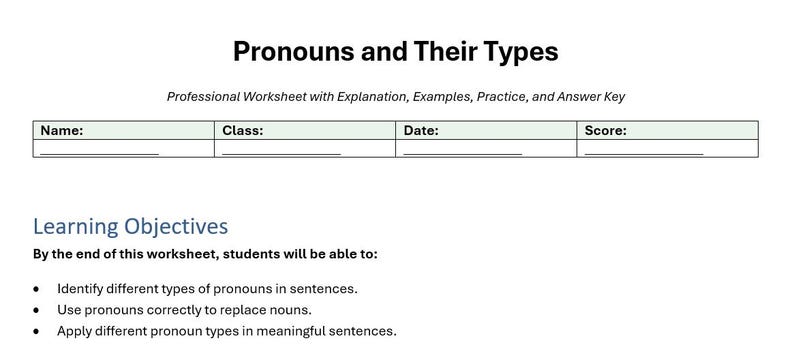 Pronouns and Their Types Worksheet | Grammar ELA Lesson (printable) - Etsy
