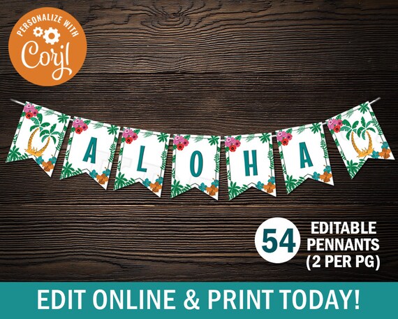 Editable Luau Hawaiian Tiki Party Pennant Banner Edit & | Etsy