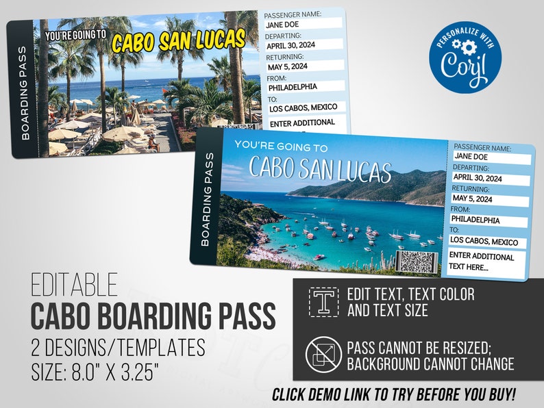 Editable Boarding Pass for Cabo, Mexico 2 Templates 8 X 3.5 Edit ...