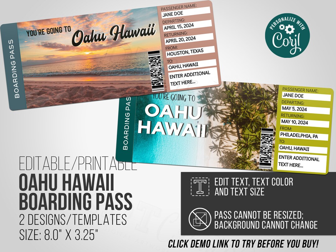 Oahu Hawaii Boarding Pass Ticket: Surprise Trip, Editable Template ...