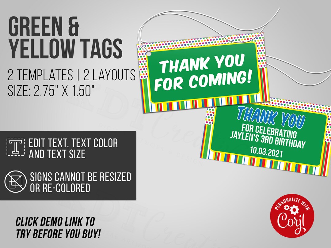 DIY Green Yellow Thank You Tags - 2.75 X 1.5" - Edit & Print Online ...