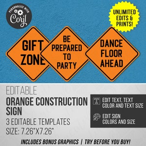 Editable Orange Construction Street Sign - 7.26 X 7.26 Inch | Advanced ...