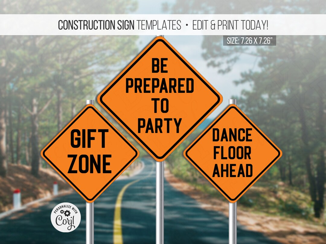 Editable Orange Construction Street Sign - 7.26 X 7.26 Inch | Advanced ...
