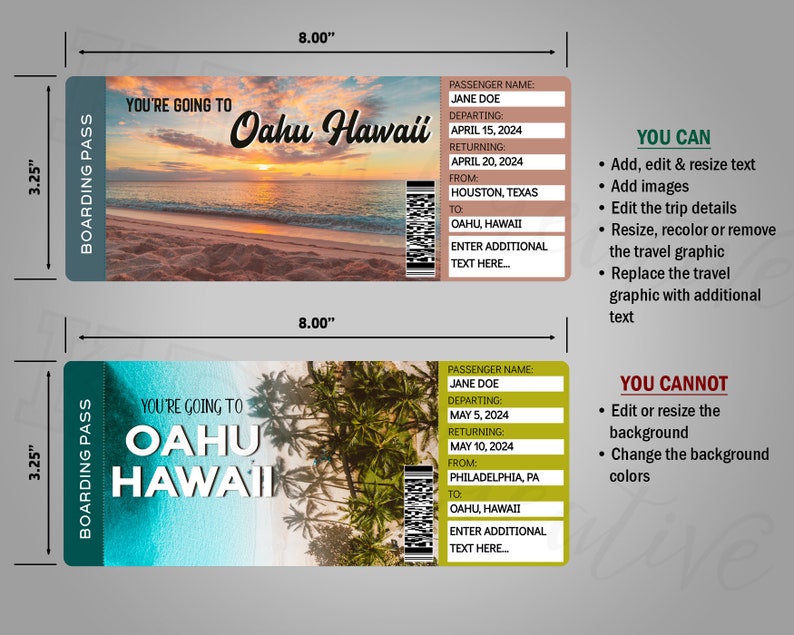 Oahu Hawaii Boarding Pass Ticket: Surprise Trip, Editable Template ...