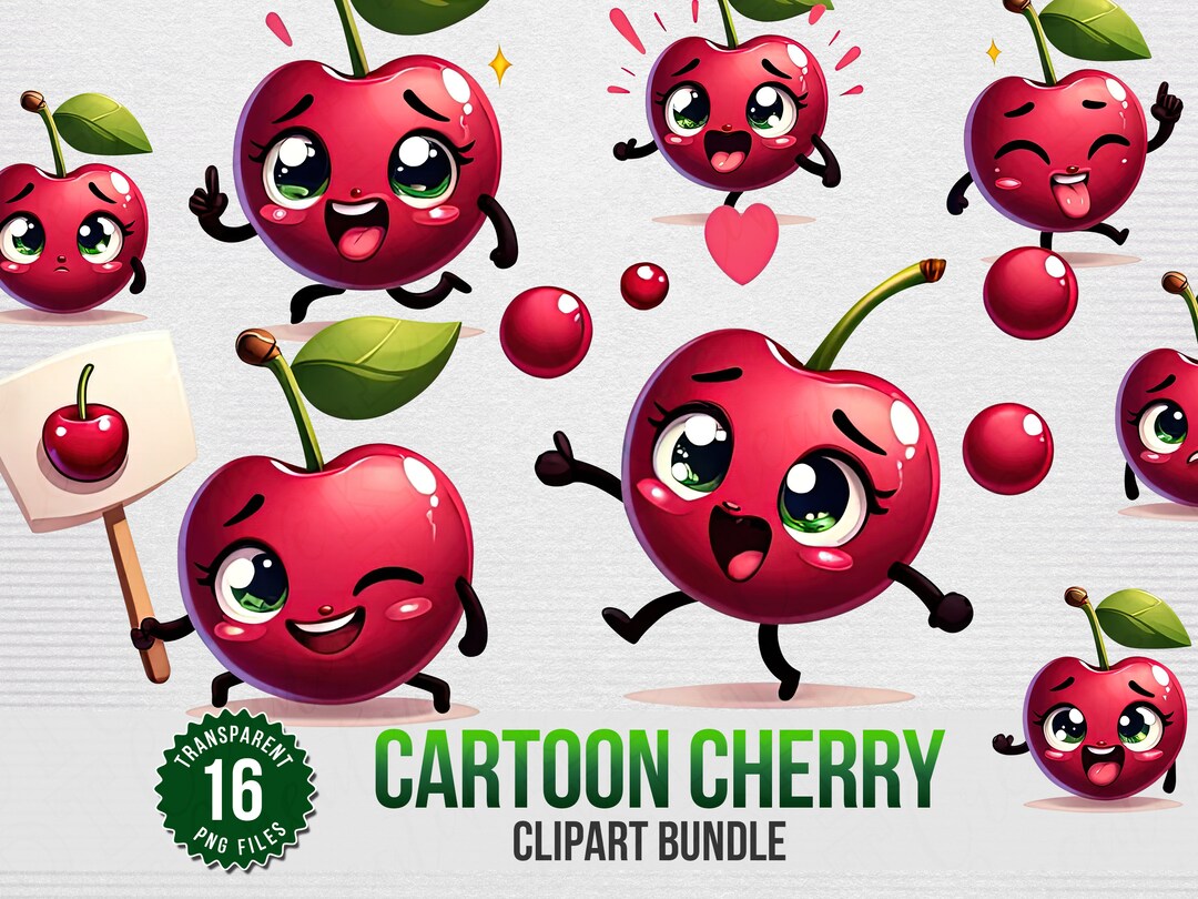 Cartoon Cherry Images With Fun Facial Expressions – 16 PNG Files for ...