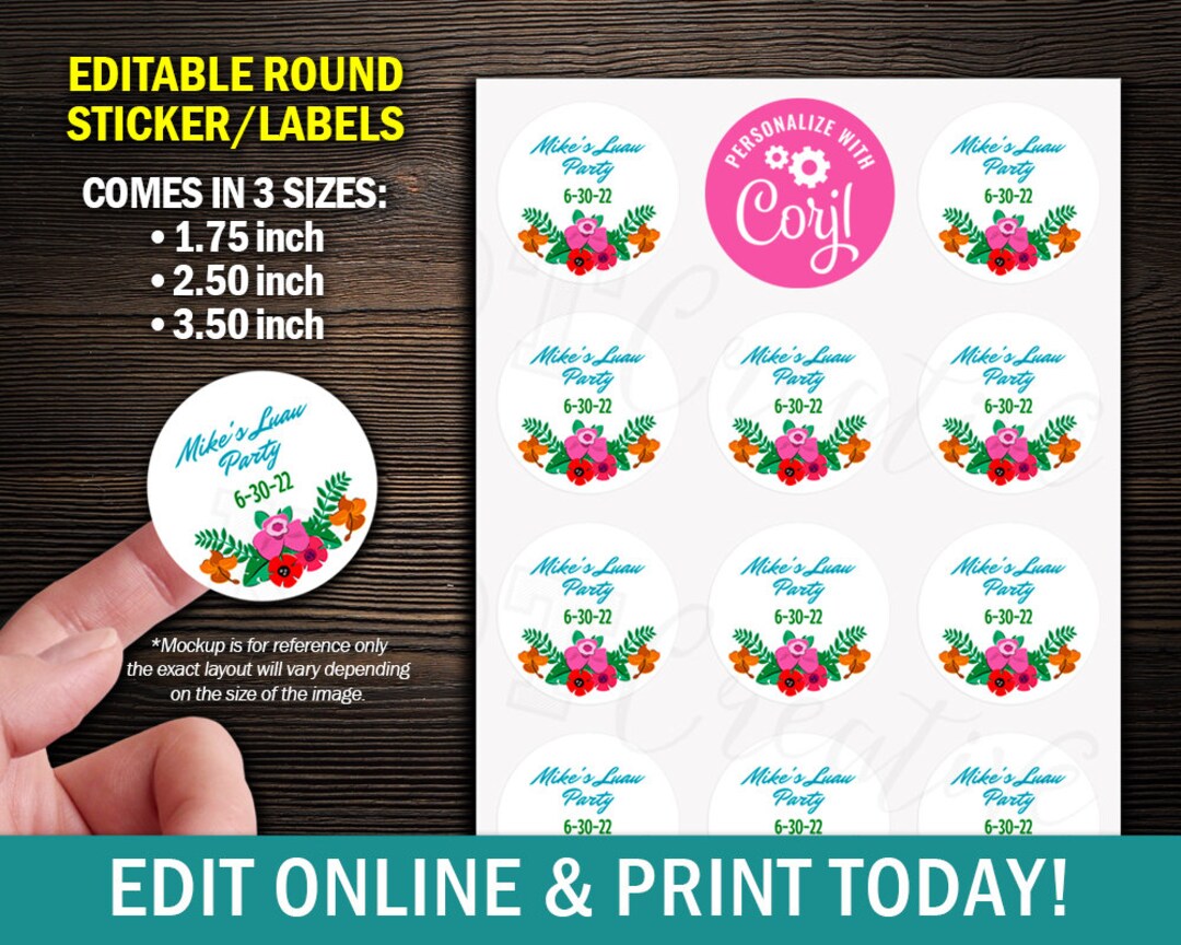Editable Luau Hawaiian Tiki Party Round Sticker Label Template | 3 ...