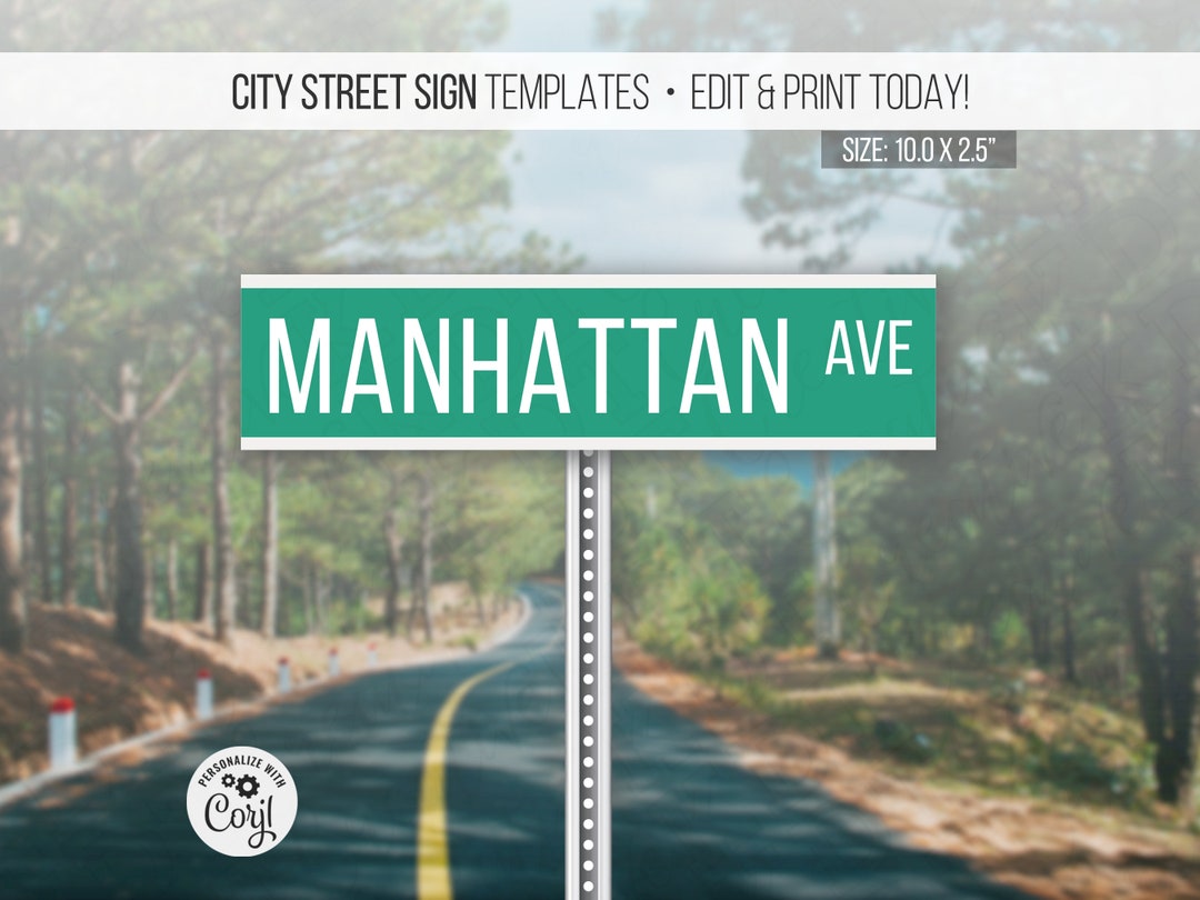 Editable City Street Sign - 10.0 X 2.5" | Advanced Editing Options With ...