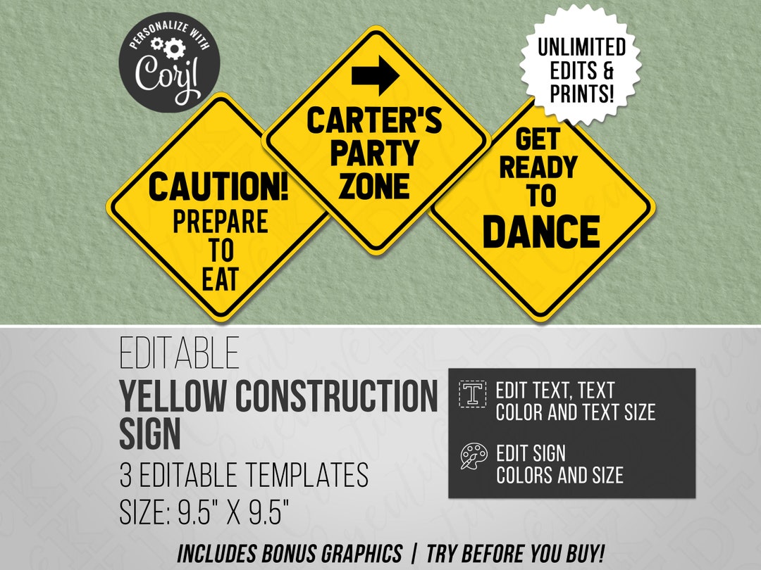 Editable Yellow Construction Street Sign 9.5 X 9.5 Inch - Etsy