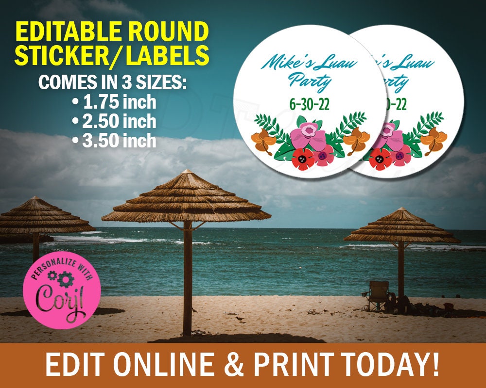 Editable Luau Hawaiian Tiki Party Round Sticker Label Template 3 Sizes ...