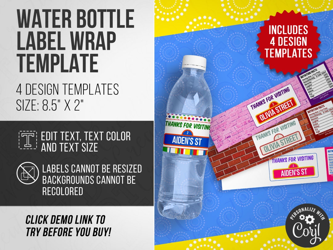 Editable Rectangular Water Bottle Label Template 8.5 X 2 - Etsy