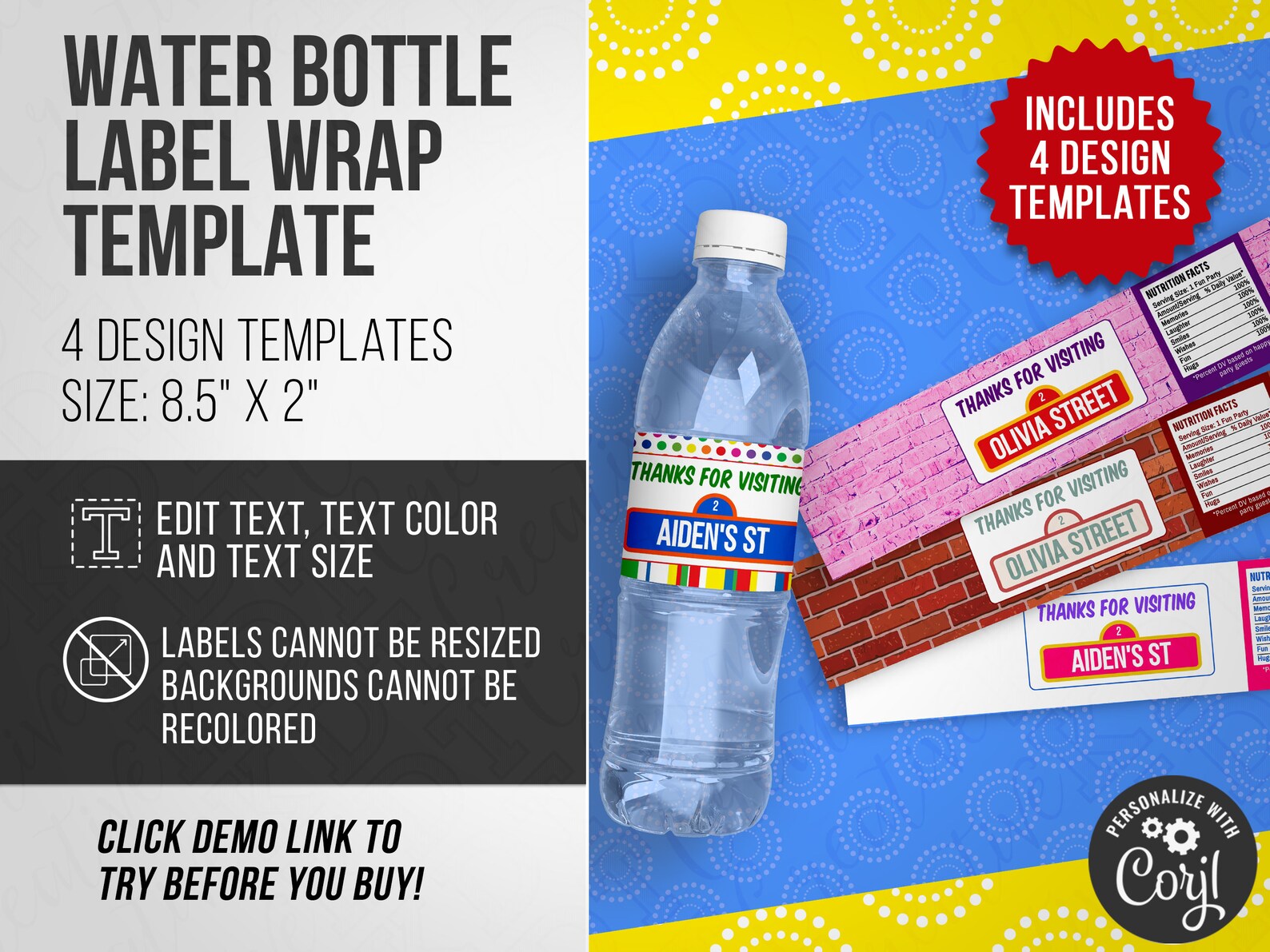 Editable Rectangular Water Bottle Label Template 8.5 X 2 Inch, 4 ...