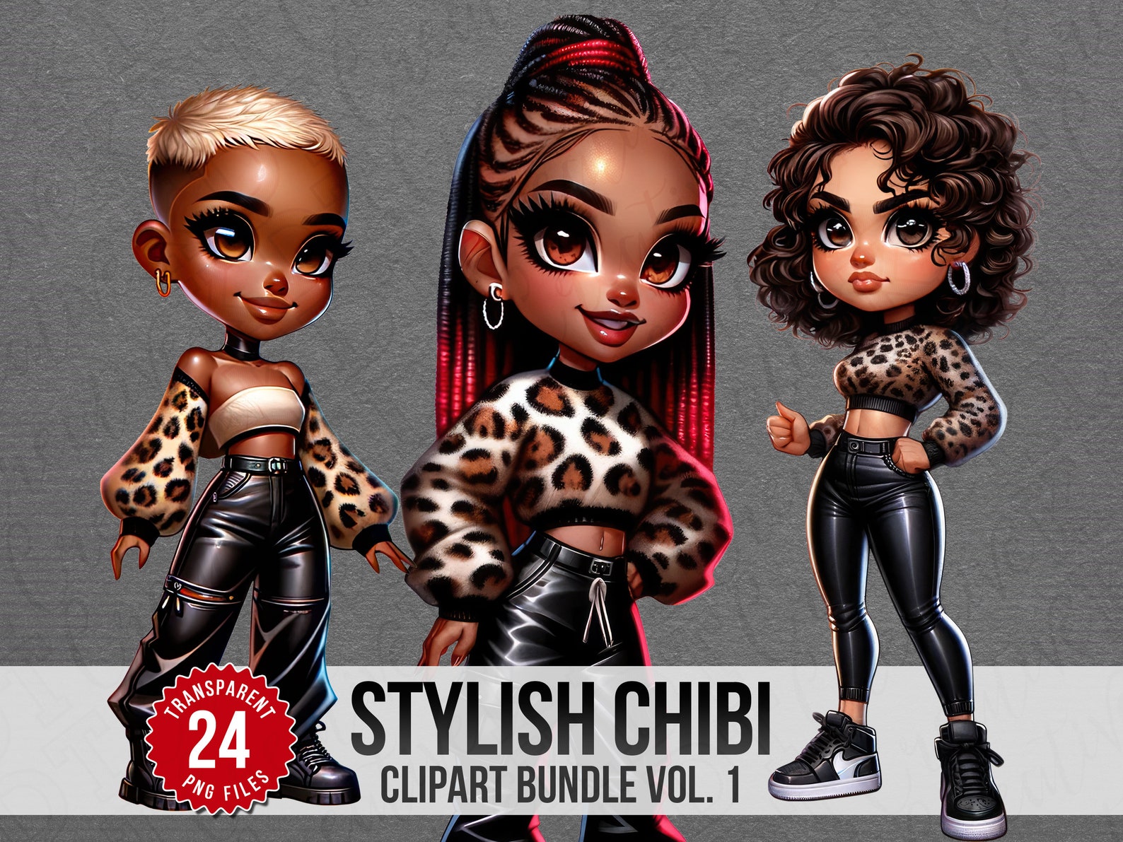 Stylish Chibi Character Clipart Vol. 1 Black Leather Animal Print ...