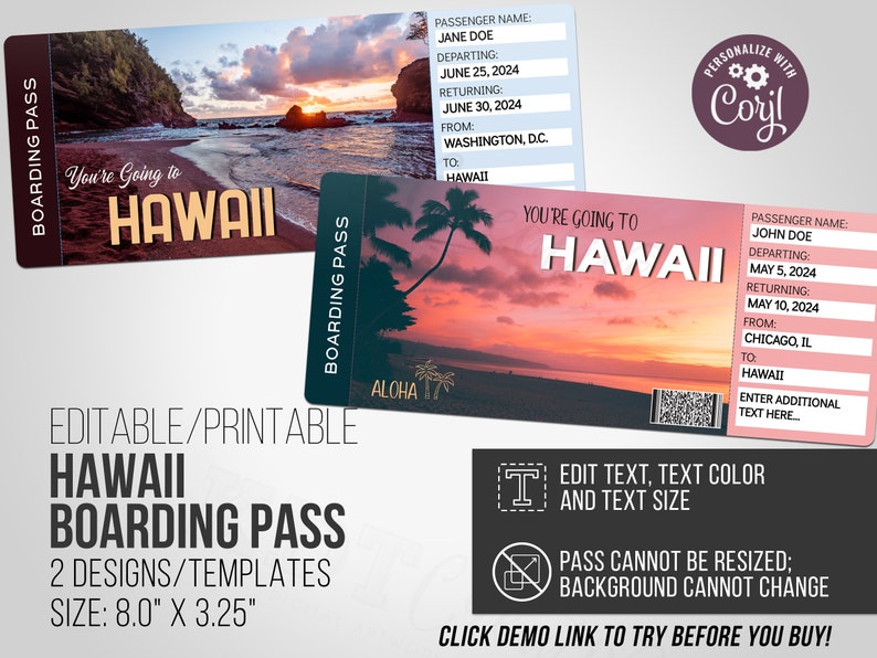 Editable Printable Boarding Pass, Ticket for Hawaii Trip 2 Templates 8 ...