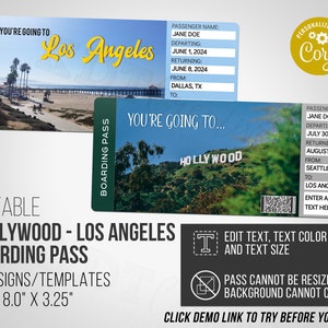 Editable Boarding Pass for Hollywood Los Angeles | 2 Templates | 8 X 3. ...