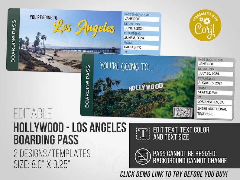Editable Boarding Pass for Hollywood Los Angeles 2 Templates - Etsy
