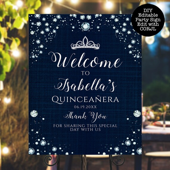 Denim and Diamond Welcome Sign, Sweet Sixteen, Printable Sign, Instant ...