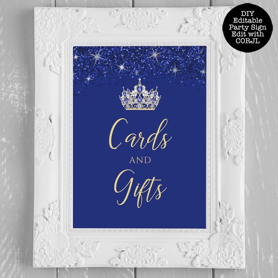 Gold and Blue Glitter Cards and Gift Signs, Editable Party Sign ...
