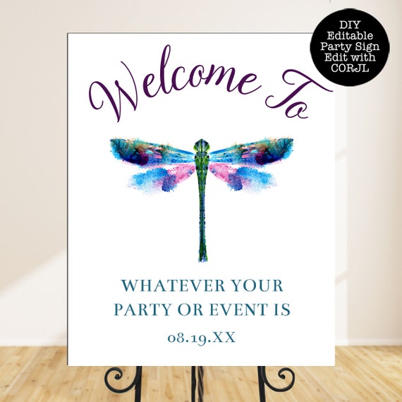 Dragonfly Welcome Signs, Editable Party Sign, Instant Download, Nature ...