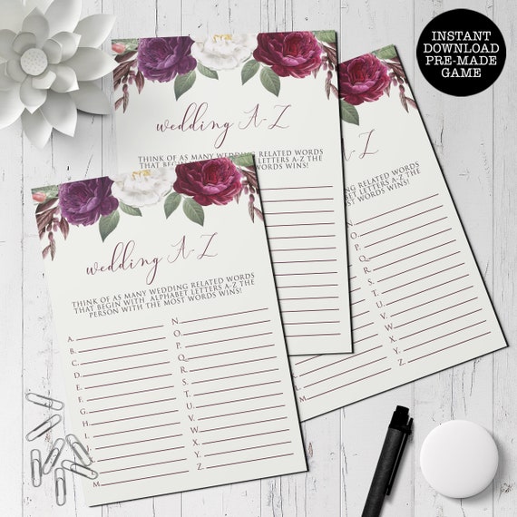 Purple Floral Bridal Shower Game, Wedding A-Z Game, Purple Floral ...