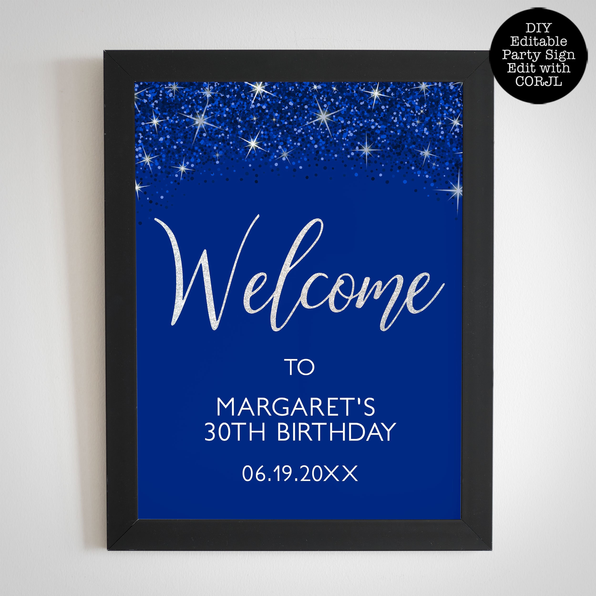 Glamorous Blue Glitter Welcome Sign: Editable Party Decor (instant ...