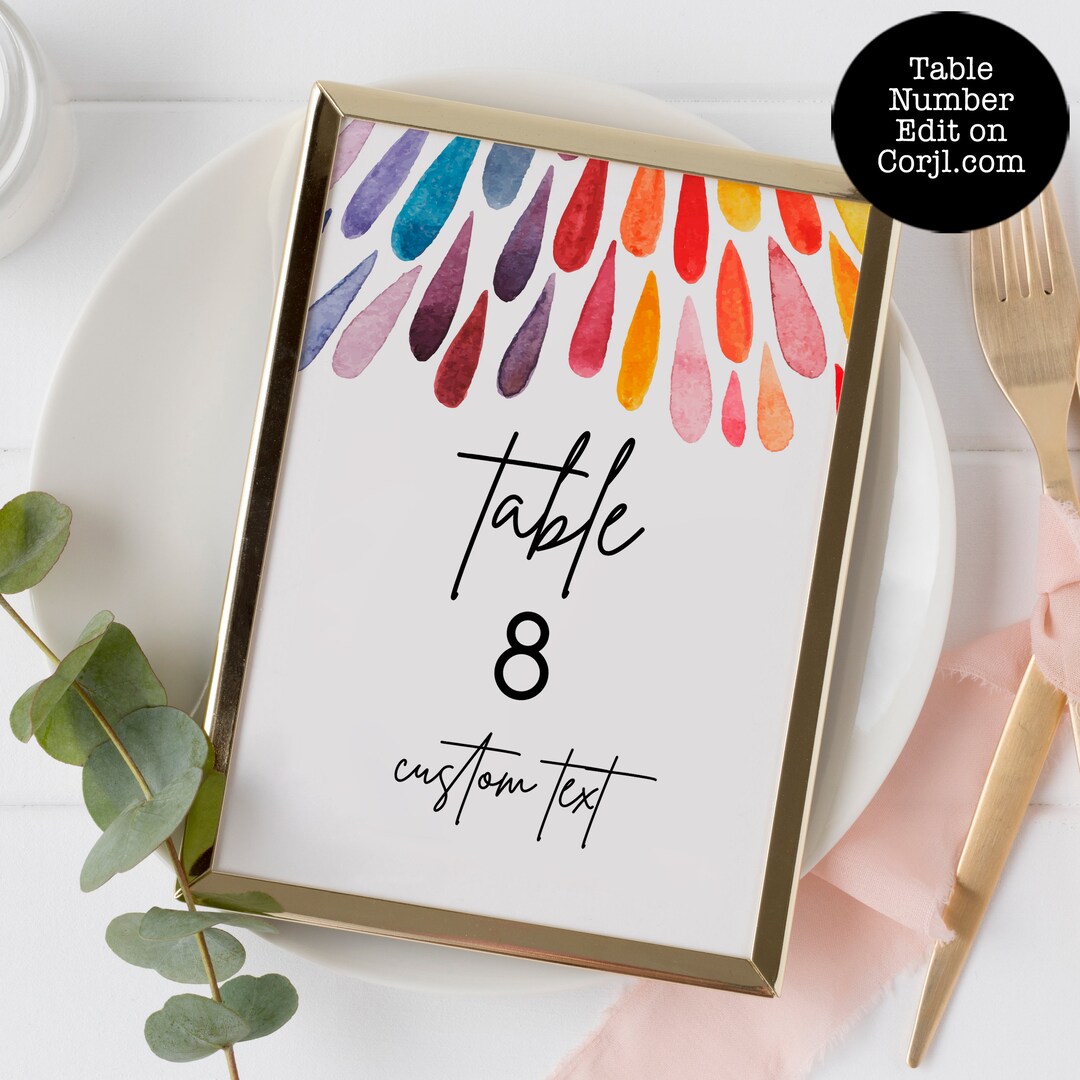 Rainbow Wedding Table Number, Watercolor Drops (corjl Template) - Etsy