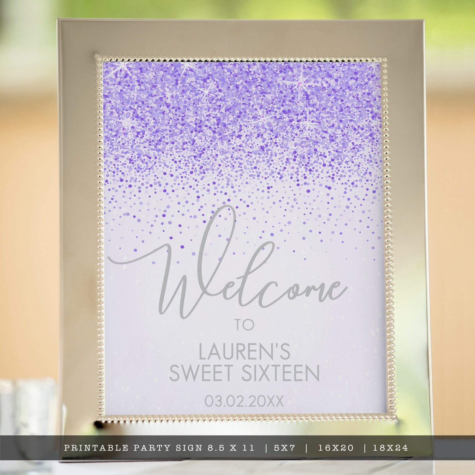 Purple Glitter Sweet Sixteen Welcome Sign: Corjl Template (instant ...