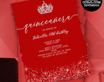 Red Sweet 16 Invitation Red Quinceanera Invitation Red and Silver ...