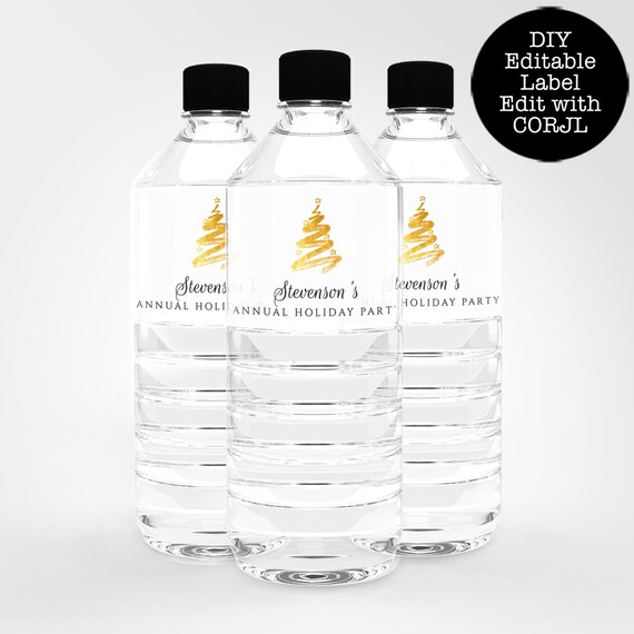 Editable Holiday Water Bottle Labels Gold Christmas Tree - Etsy