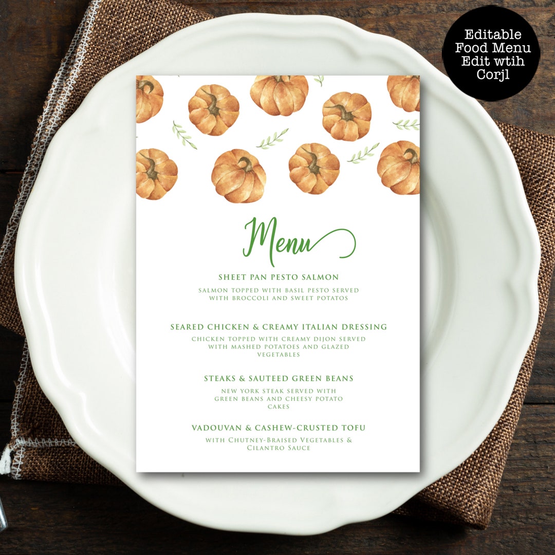 Editable Dinner Menu, Pumpkin Dinner Menu, Digital Download Food Menu ...