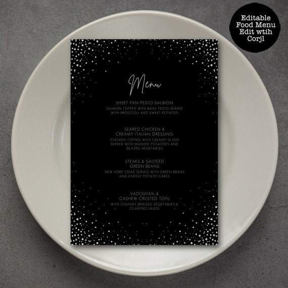 Silver and Black Dinner Menu, Custom Menu, Food Menu, Modern Menu ...