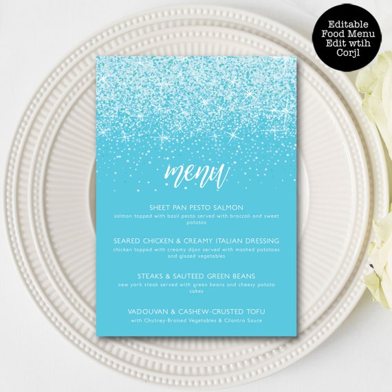 Aqua Glitter Food Menu, Custom Menu, Food Menu, Dinner Menu, Editable ...