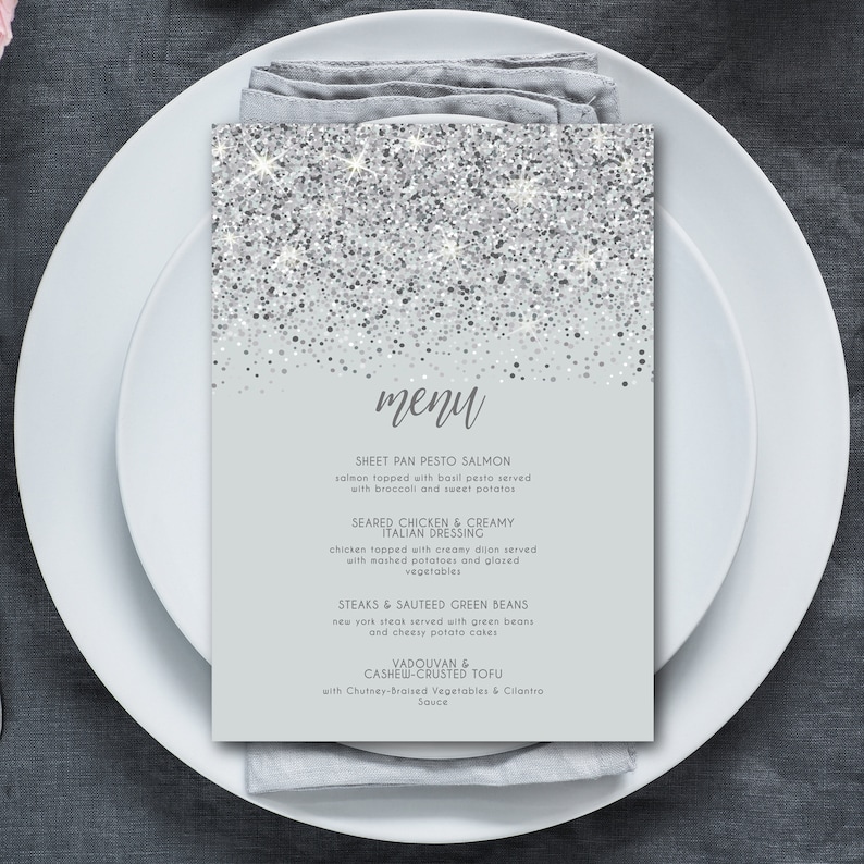 Silver Glitter Dinner Menu, Editable Food Menu Card, Printable Wedding ...