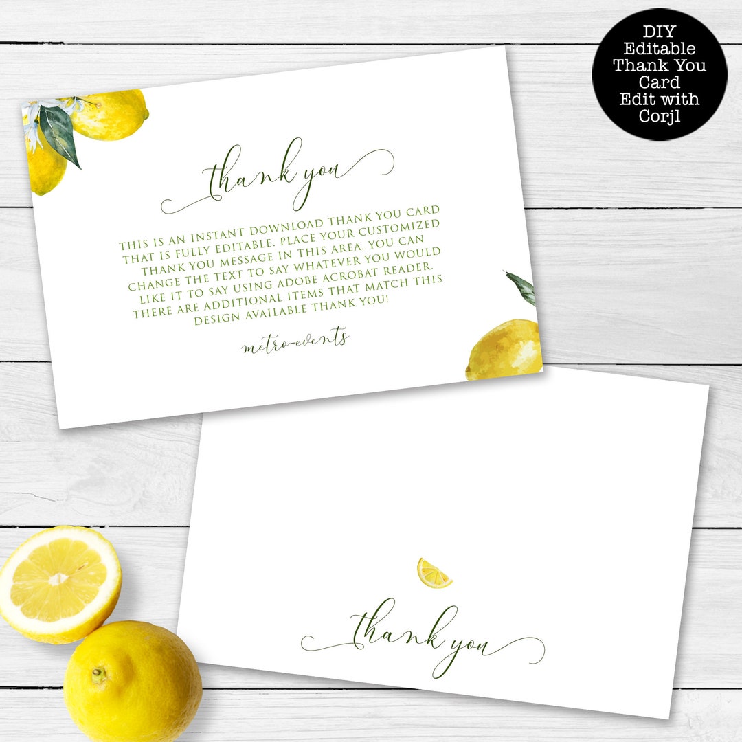 Lemon Thank You Cards, Custom Thank You Cards, Citrus Thank You Card ...