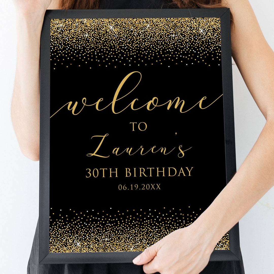 Black & Gold Glitter Welcome Sign: Editable Party Decor (digital ...