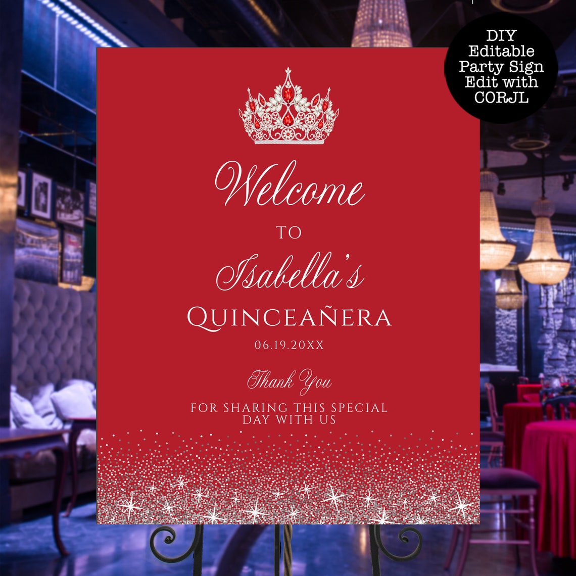 Red and Silver Welcome Sign Printable Sign Silver Glitter - Etsy