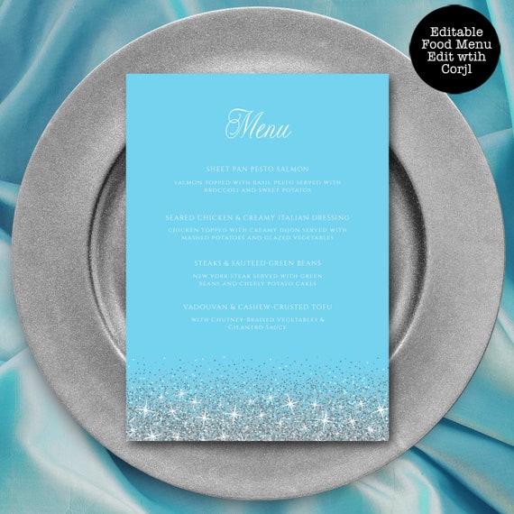 Light Blue and Silver Glitter Food Menu, Custom Menu, Food Menu, Dinner ...