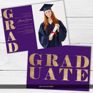 Editable Minimalist Purple and Gold Graduation Invitations, Grad Party ...