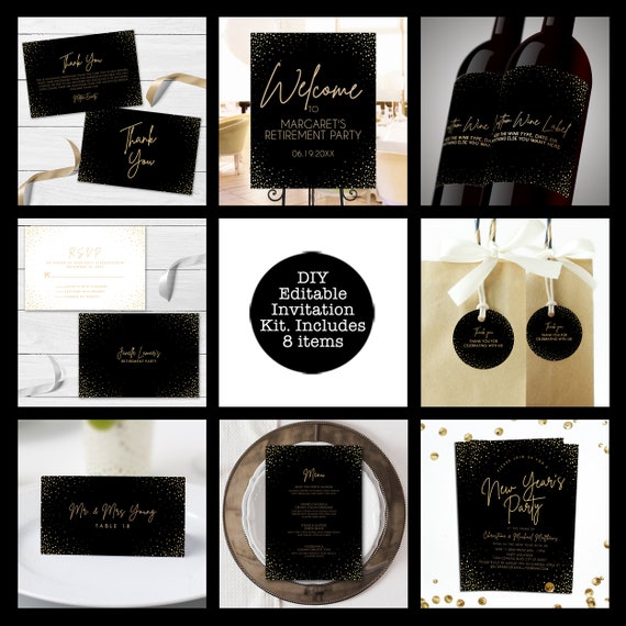 Black and Gold Invitation Set, Printable Invitation Kit, Minimalist ...