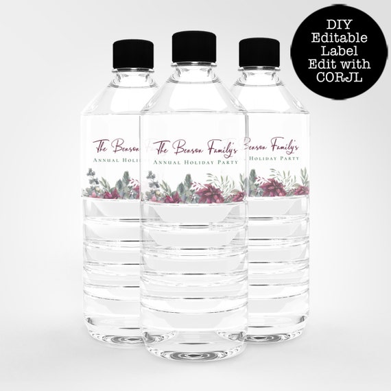 Editable Holiday Water bottle Labels, Poinsettia Beverage Wrappers ...