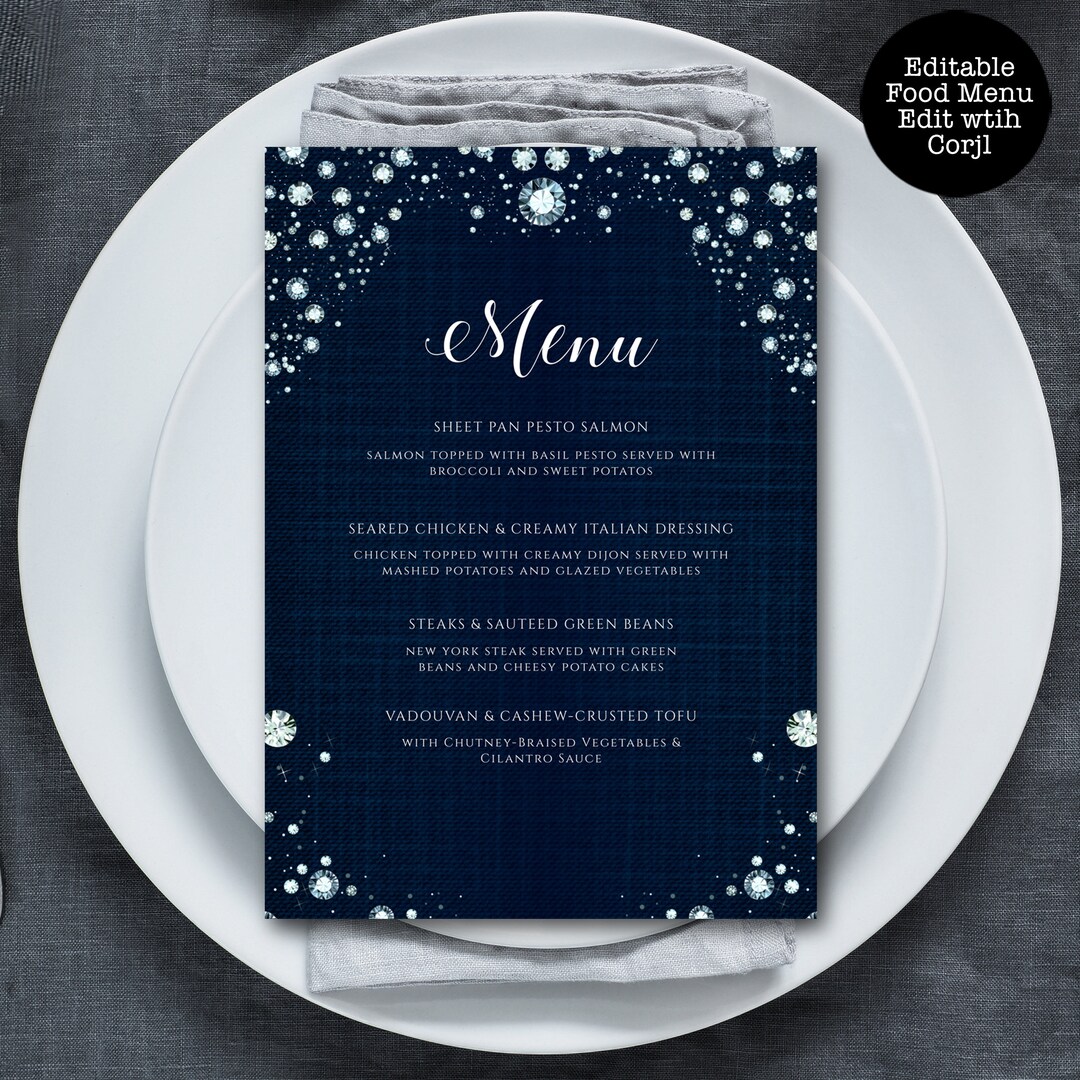 Denim and Diamond Food Menu, Diamond Themed Menu, Custom Dinner Menu ...