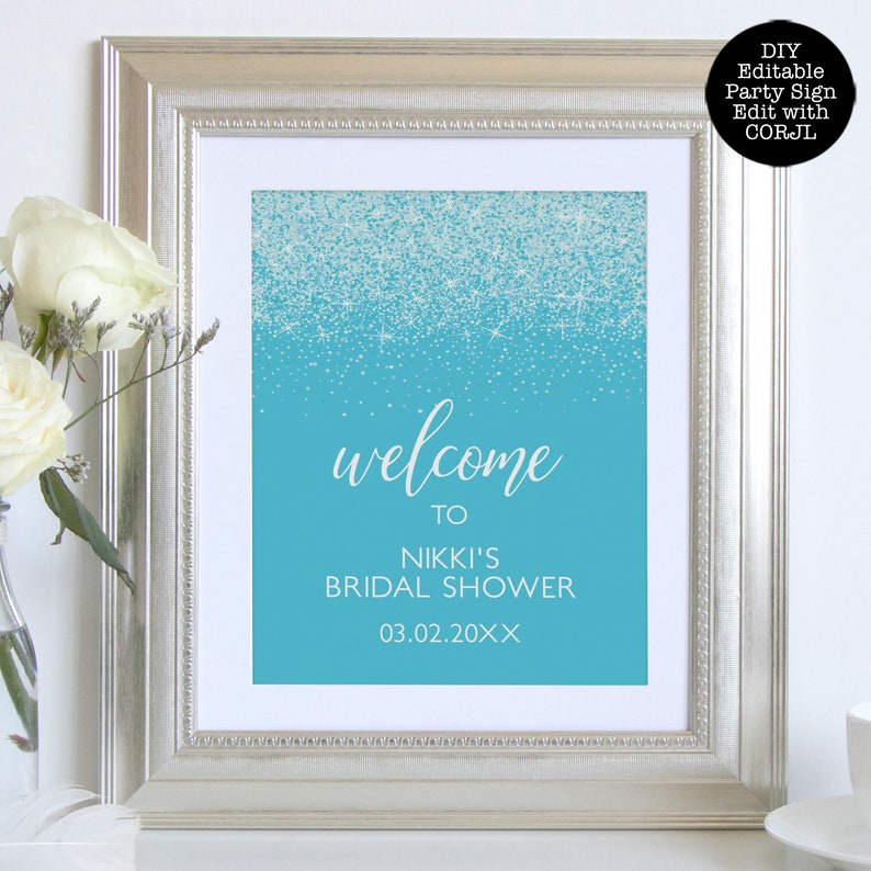 Aqua Welcome Signs Glitter Bridal Shower Printable Party - Etsy