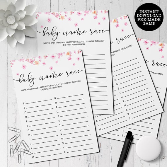 Pink Floral Baby Shower Game, Pink Themed Baby Name Race, Instant ...