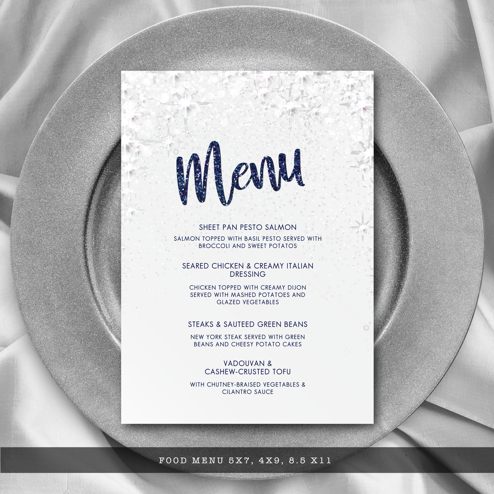 Silver and Blue Glitter Food Menu, Custom Menu, Silver Menu, Dinner ...